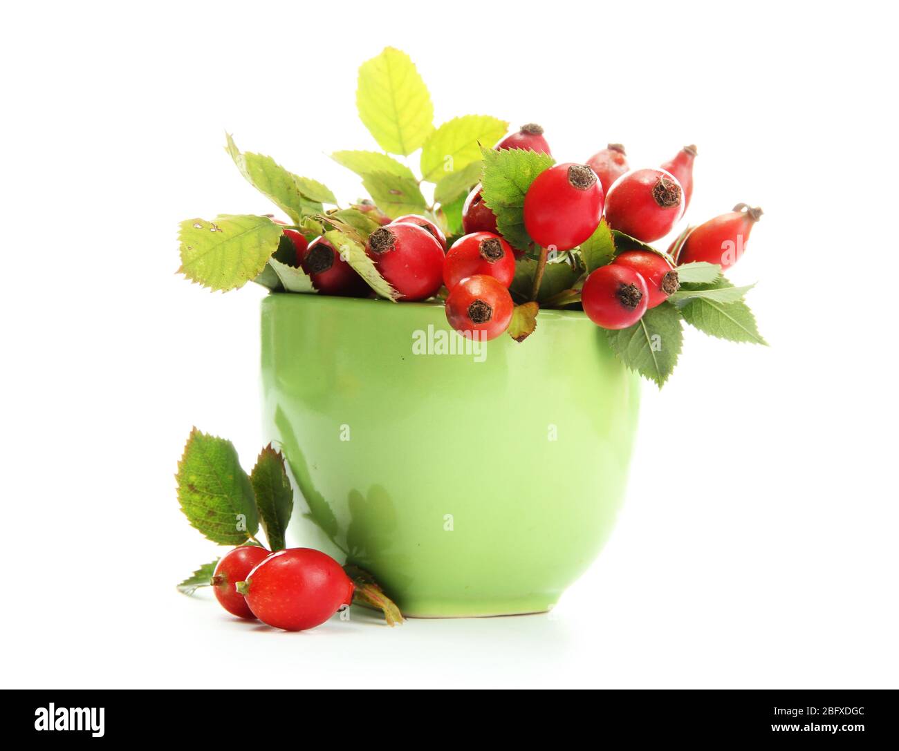 ripe hip roses with leaves in cup, isolated on white Stock Photo - Alamy