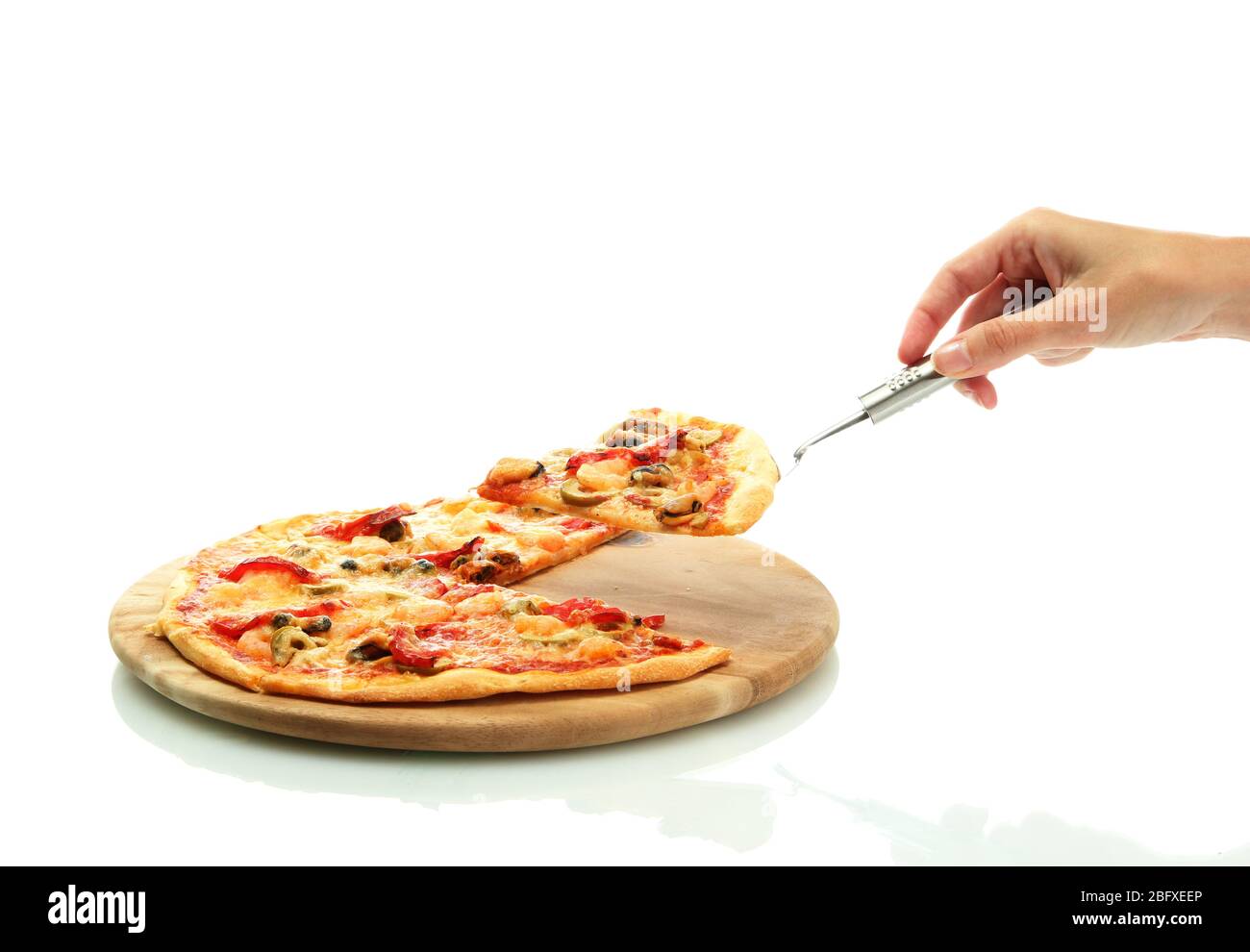 woman's hand holding a slice of pizza on a culinary shoulder on white ...