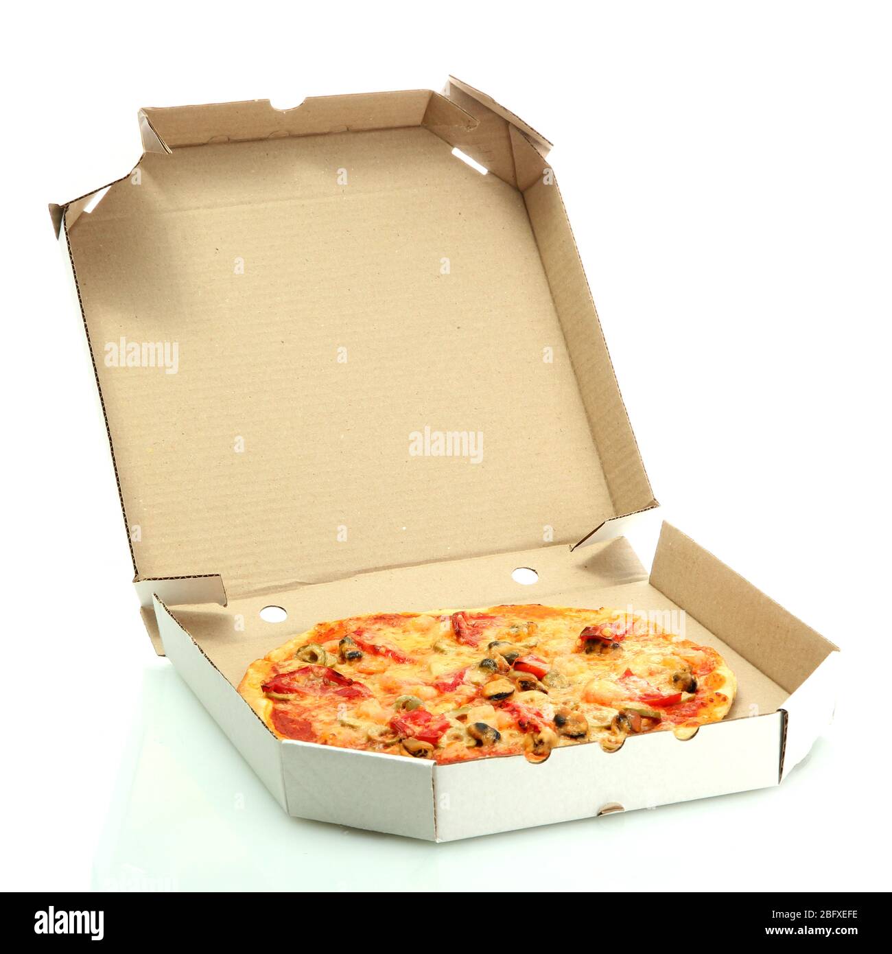 Tasty pizza in box isolated on white Stock Photo - Alamy