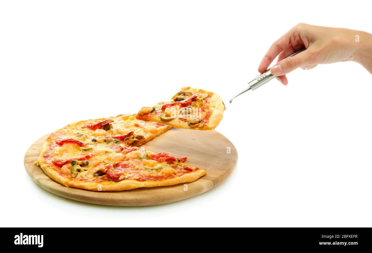 woman's hand holding a slice of pizza on a culinary shoulder on white ...