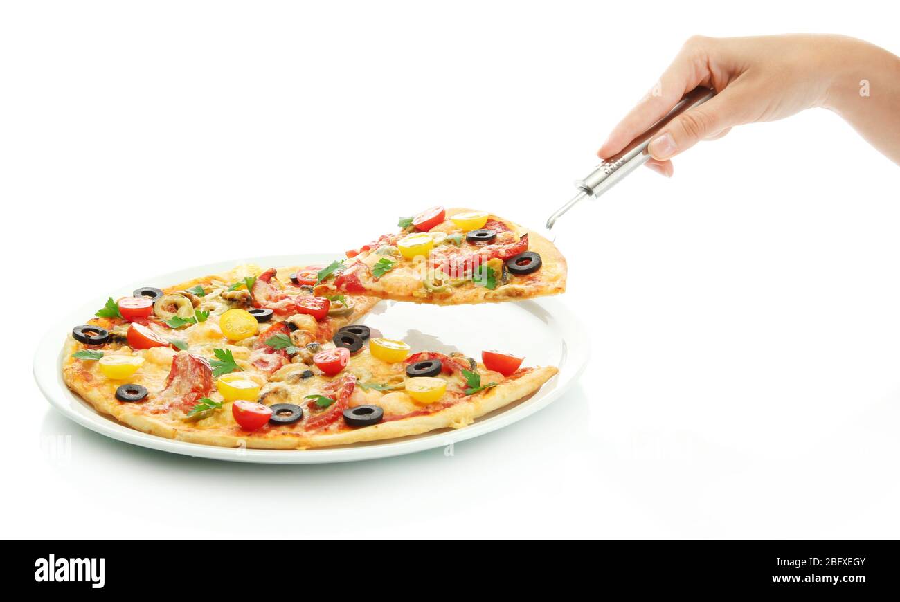 woman's hand holding a slice of pizza on a culinary shoulder on white ...