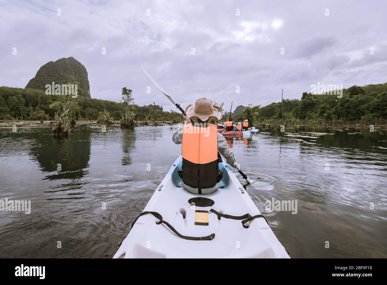 woman kayaker kayaking on river in forest on cloudy day Stock Photo - Alamy