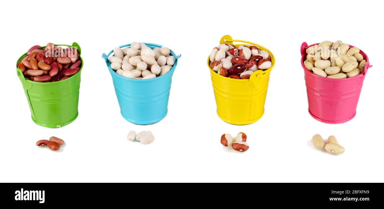 Different types of beans in colored buckets isolated on white Stock ...