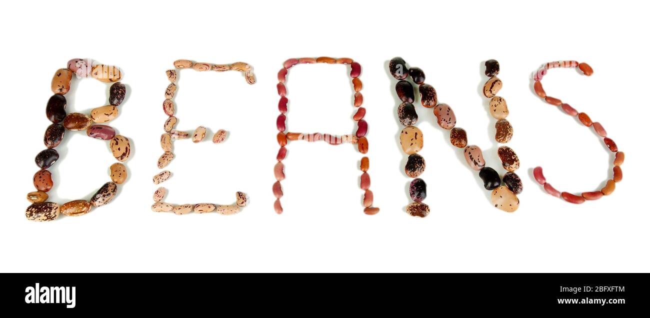 The word Beans is lined by different types of beans isolated on white ...