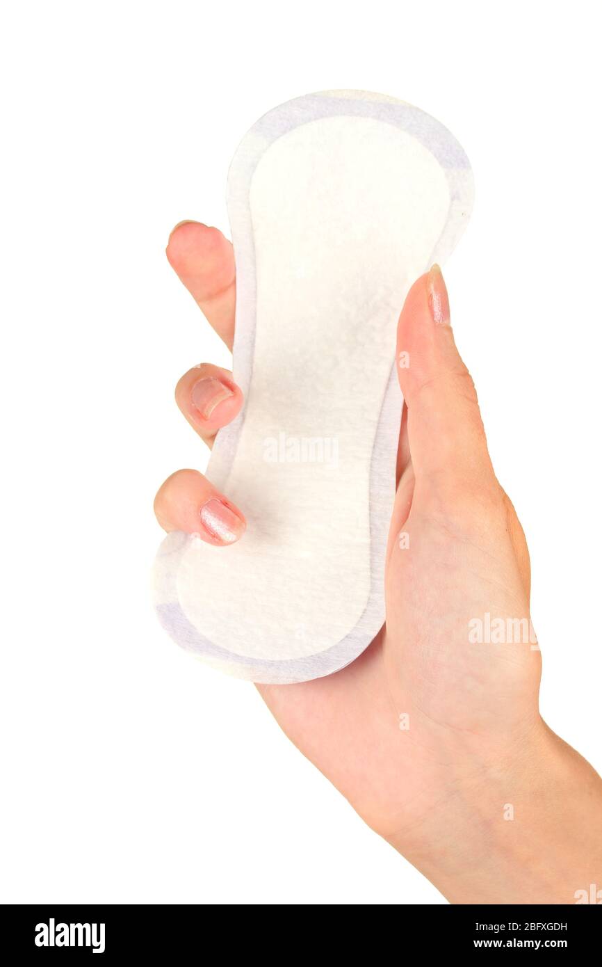 woman's hand holding a daily sanitary pad on white background close-up ...