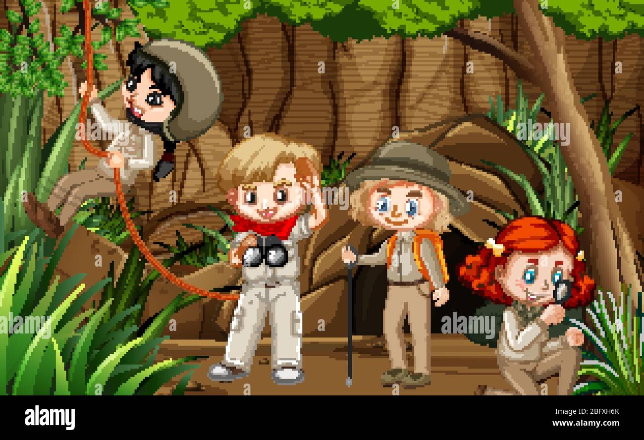 Scene with group of scouts exploring the cave illustration Stock Vector ...