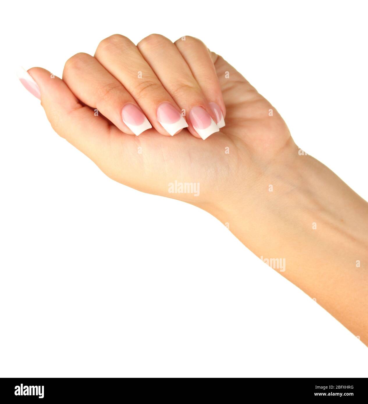 Beautiful woman's hand with french manicure on white background Stock ...