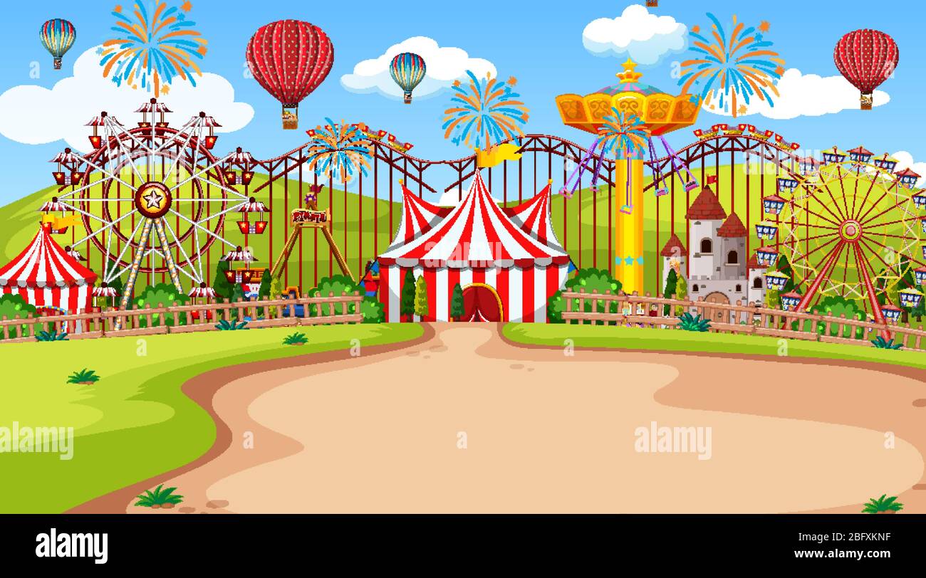 Themepark scene with many rides at day time illustration Stock Vector ...