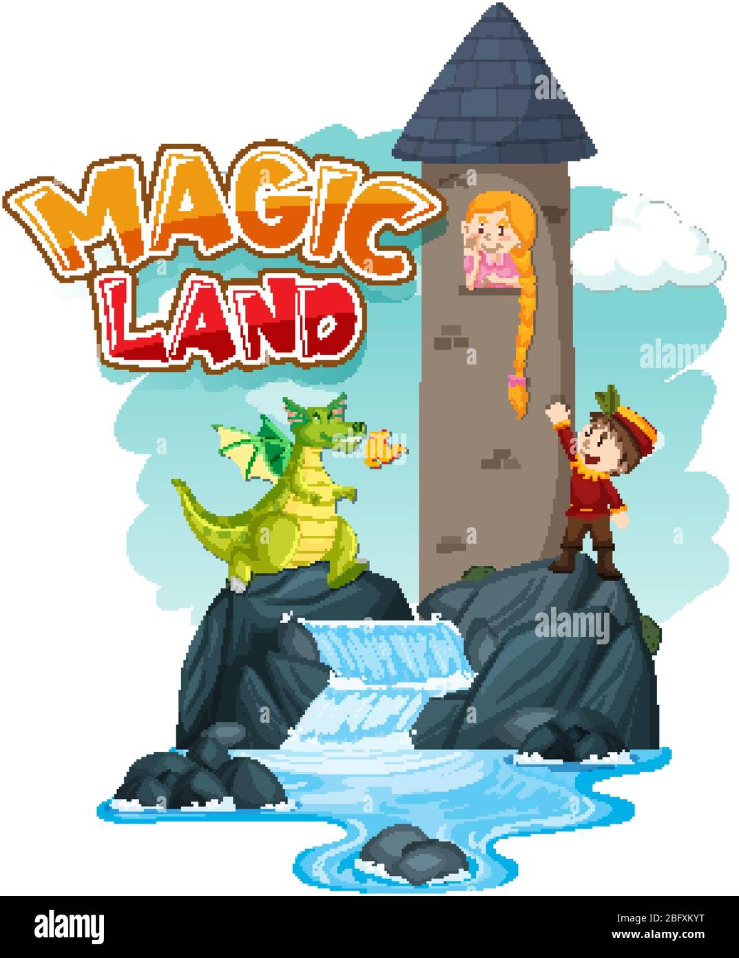 Font design for word magic land with dragon and princess illustration ...