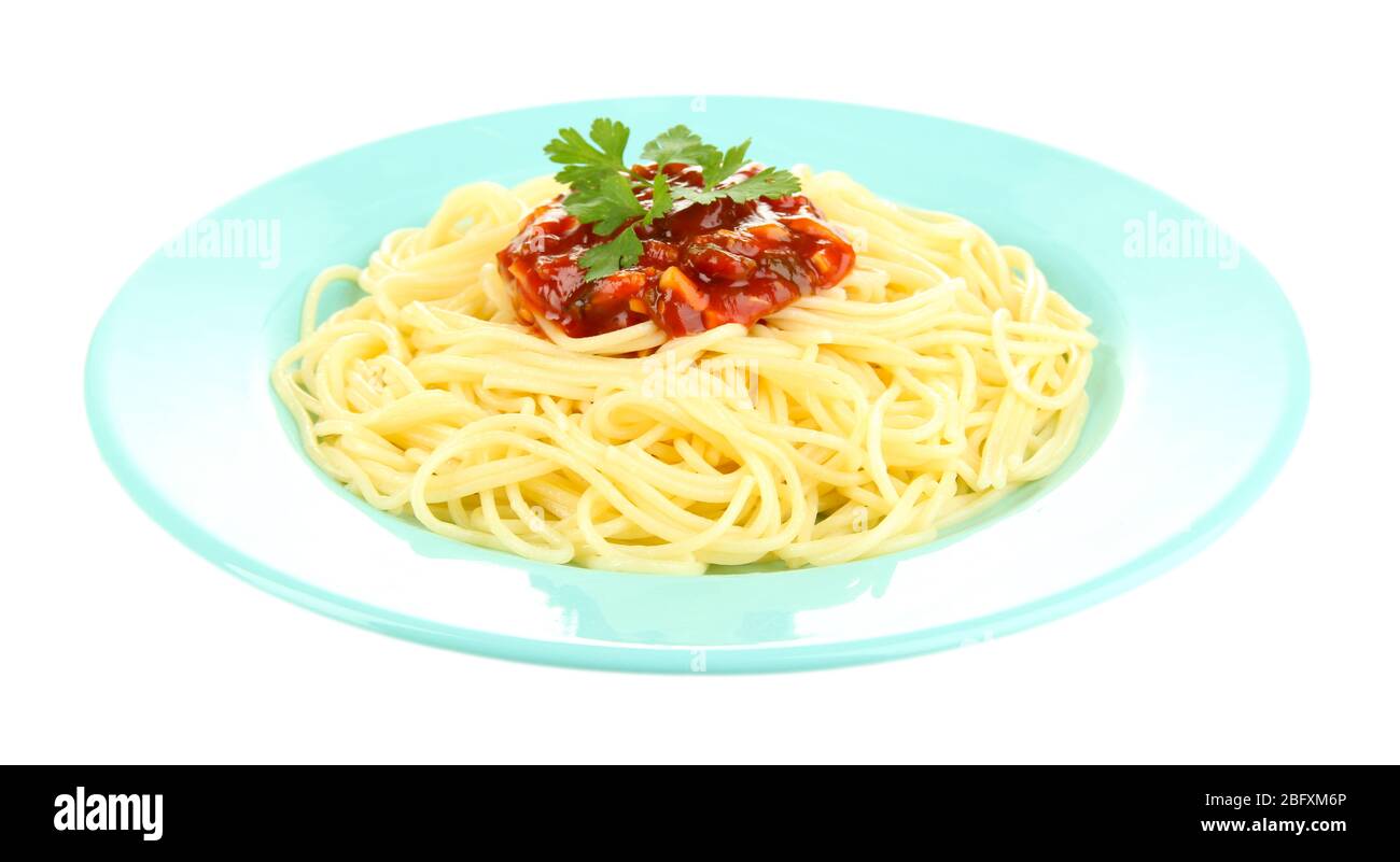 Italian spaghetti in plate isolated on white Stock Photo - Alamy