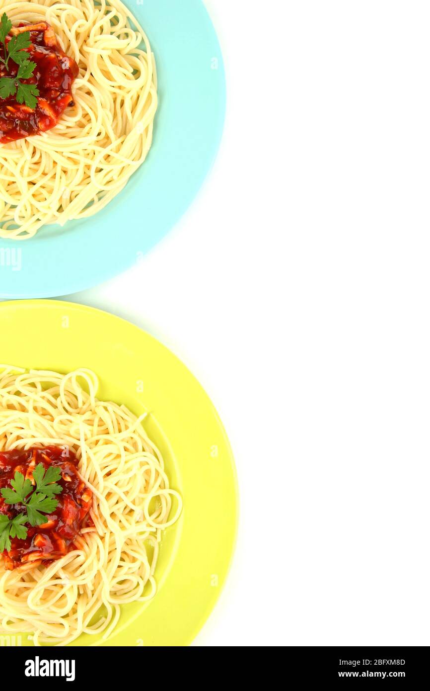 Italian spaghetti in plates isolated on white Stock Photo - Alamy