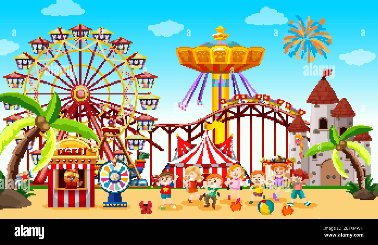 Themepark scene with many rides and happy kids illustration Stock ...