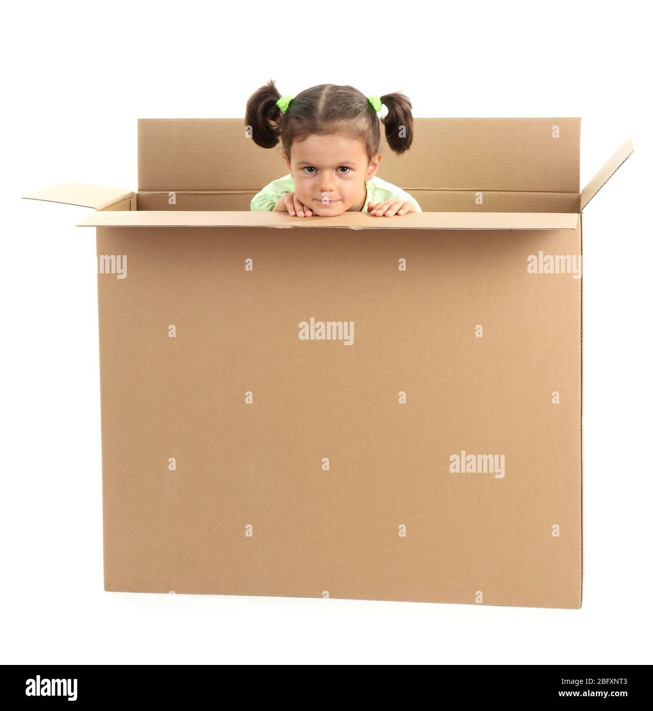 beautiful little girl with box isolated on white Stock Photo - Alamy