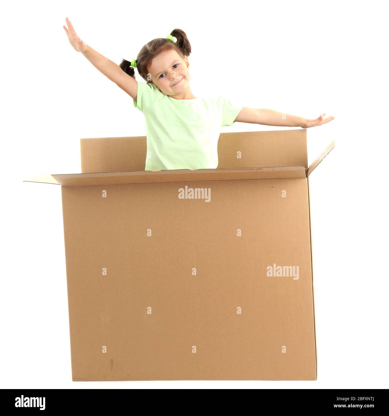 beautiful little girl with box isolated on white Stock Photo - Alamy