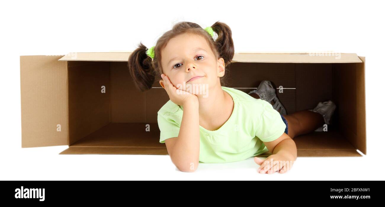 beautiful little girl with box isolated on white Stock Photo - Alamy