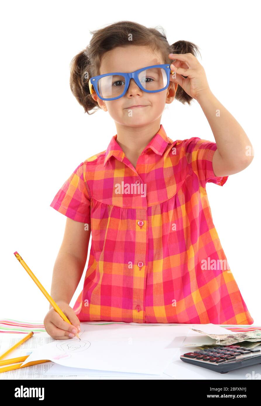 beautiful little girl with calculator and money isolated on white Stock ...
