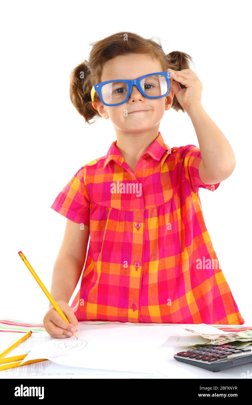 beautiful little girl with calculator and money isolated on white Stock ...