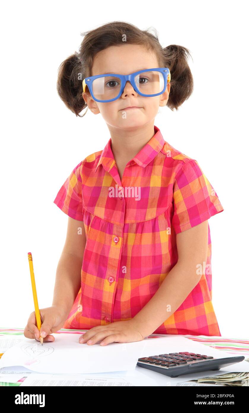beautiful little girl with calculator and money isolated on white Stock ...