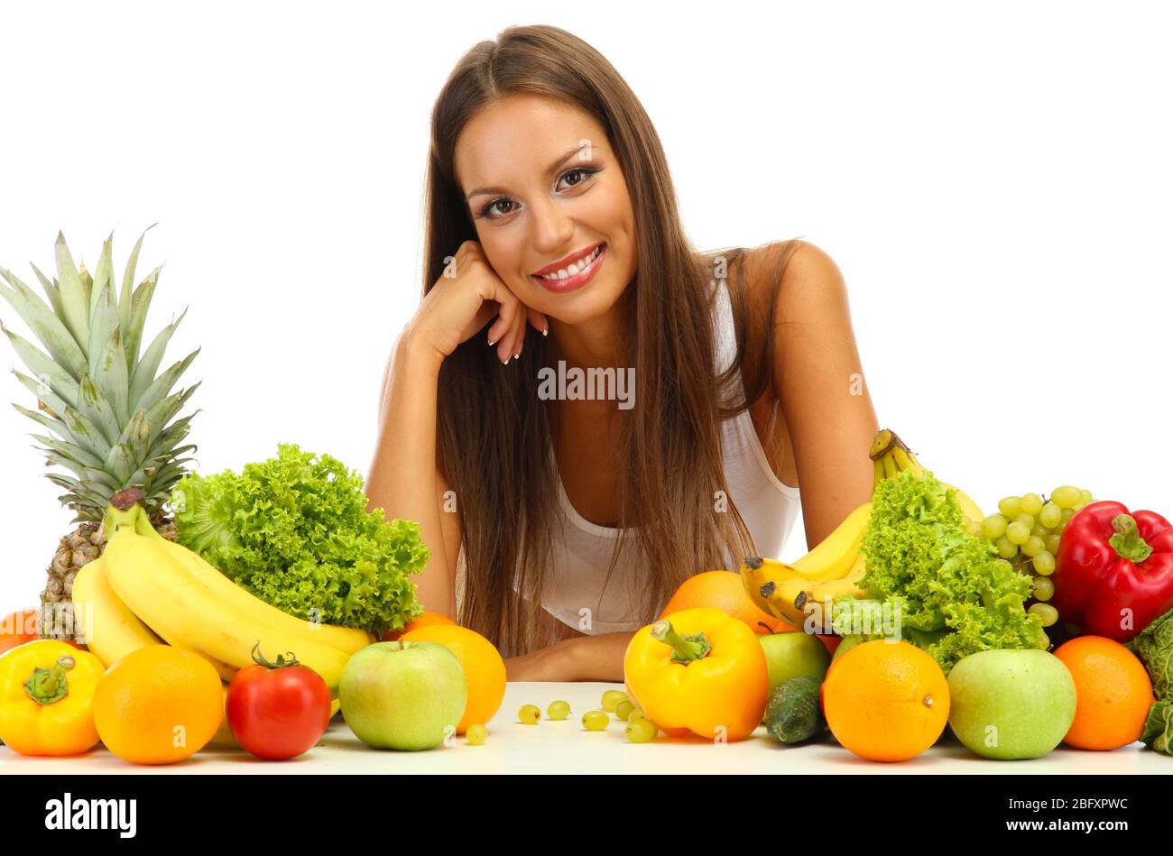 beautiful young woman with fruits and vegetables, isolated on white ...