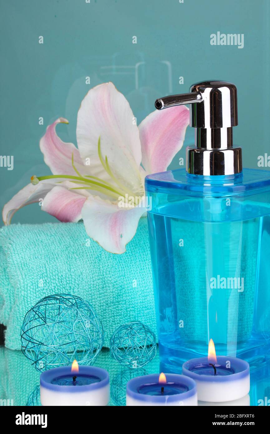 Beautiful spa setting on water background with reflection Stock Photo ...