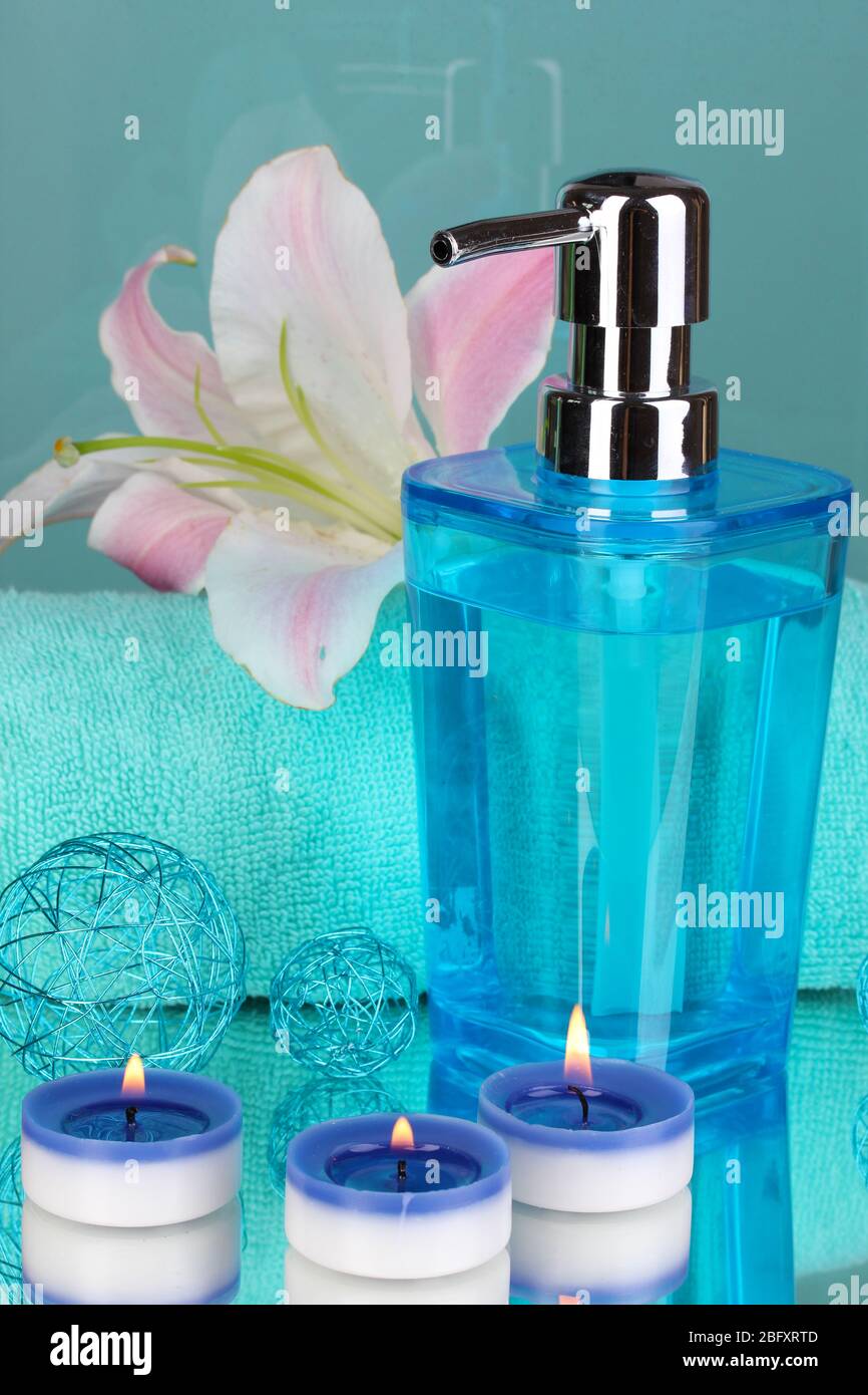 Beautiful spa setting on water background with reflection Stock Photo - Alamy