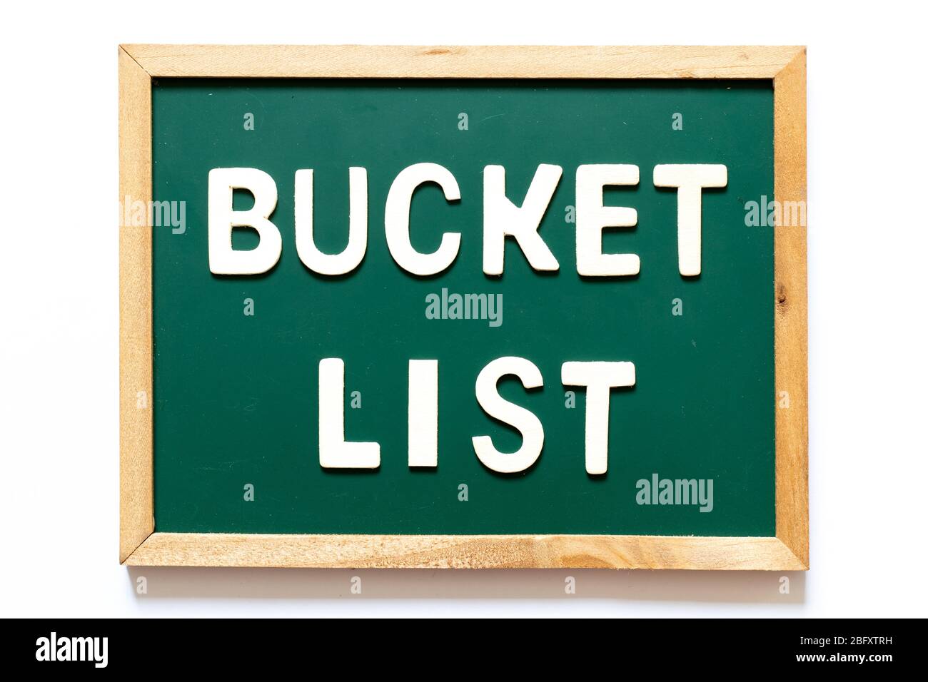 Green blackboard and wood frame with word bucket list on white ...