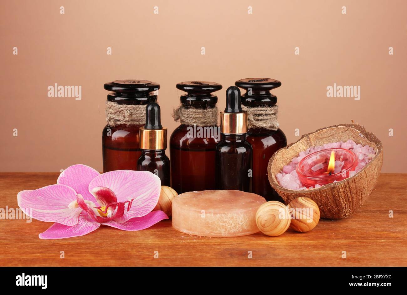 ingredients for soap making on brown background Stock Photo - Alamy