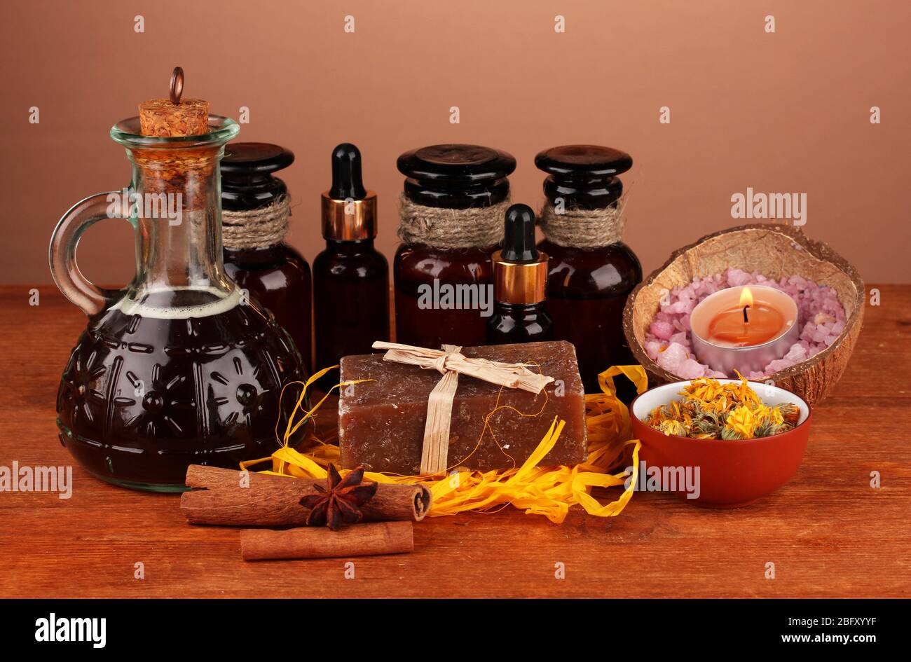 ingredients for soap making on brown background Stock Photo - Alamy