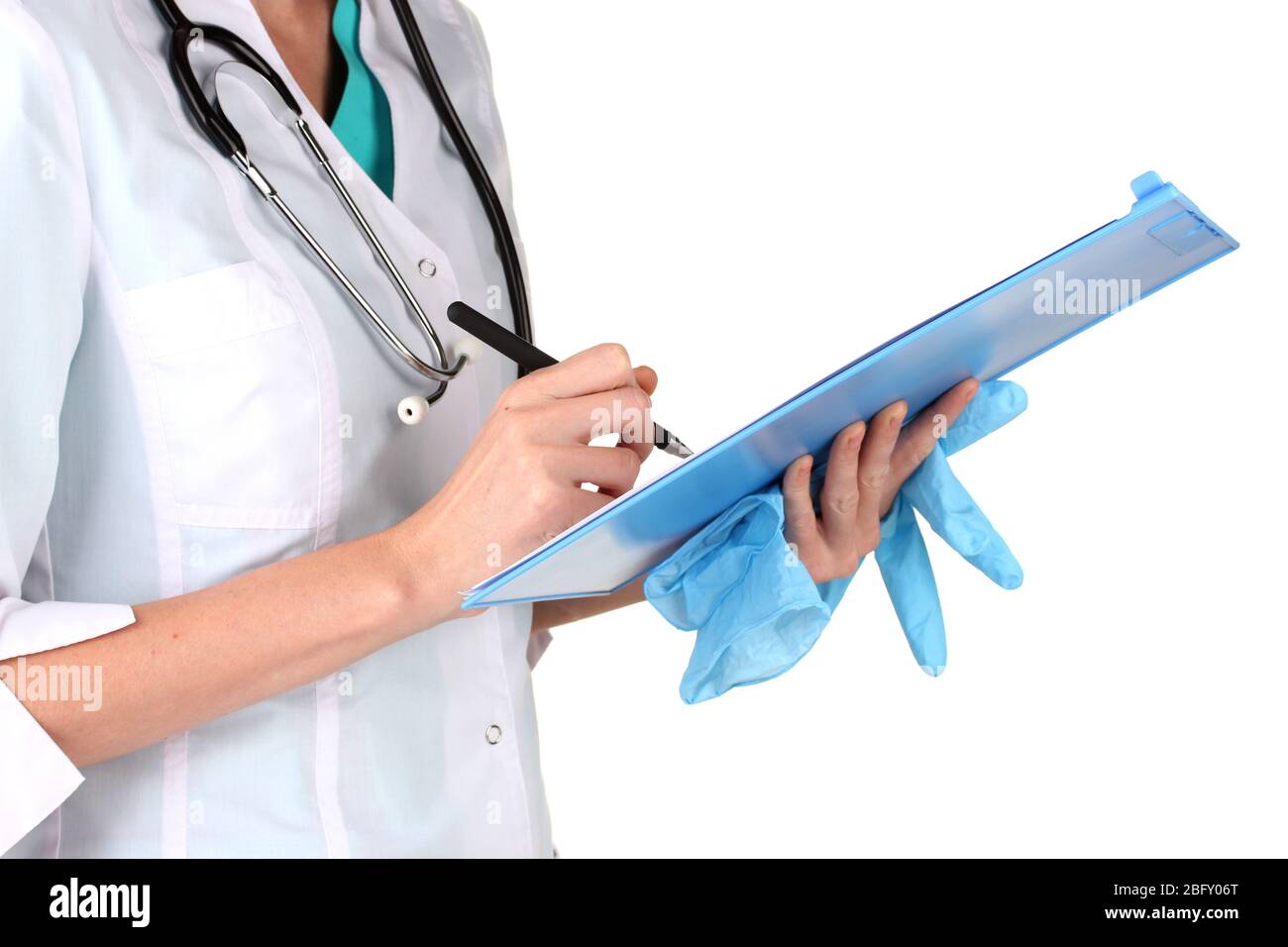 Hand of doctor with pen writing on prescription blank isolated on white ...