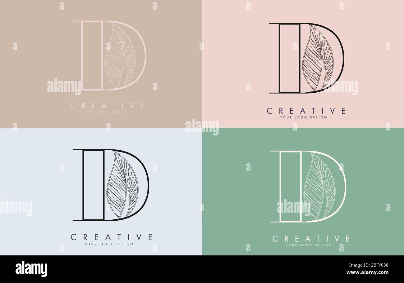 Outline Letter D Logo icon with Wired Leaf Concept Design on colorful ...