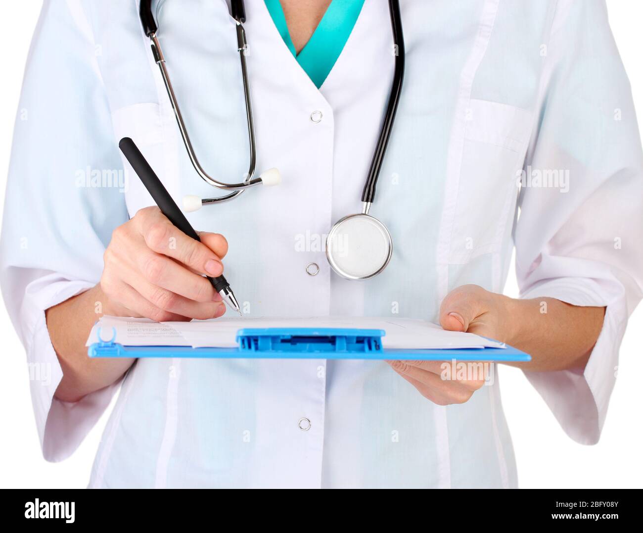 Hand of doctor with pen writing on prescription blank isolated on white ...