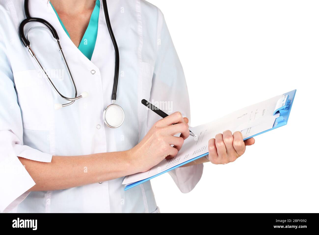 Hand of doctor with pen writing on prescription blank isolated on white ...