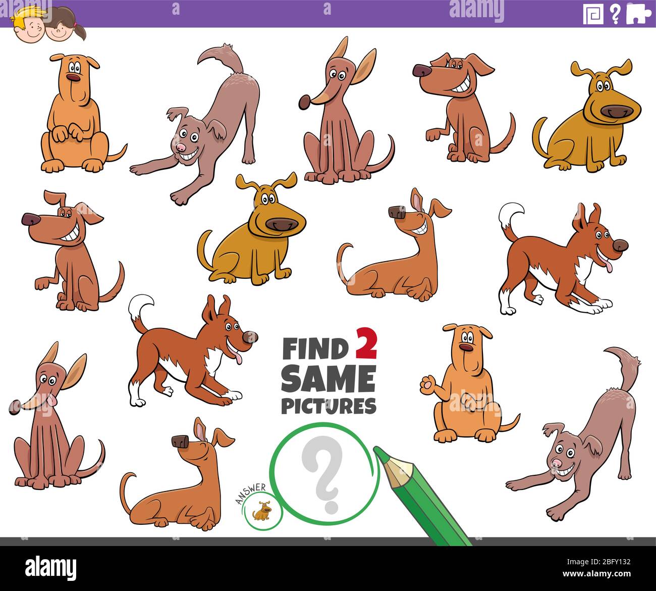 Cartoon Illustration of Finding Two Same Pictures Educational Task for ...