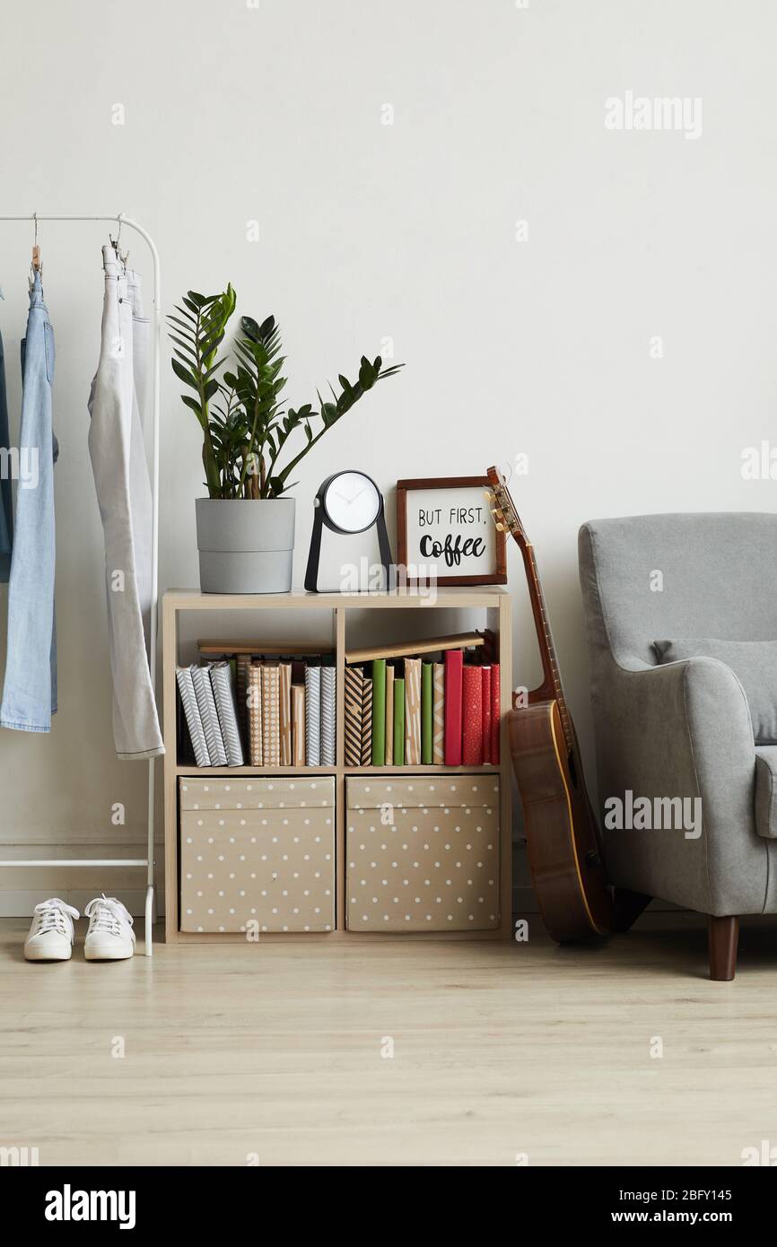 Vertical background of homey apartment interior, focus on small ...