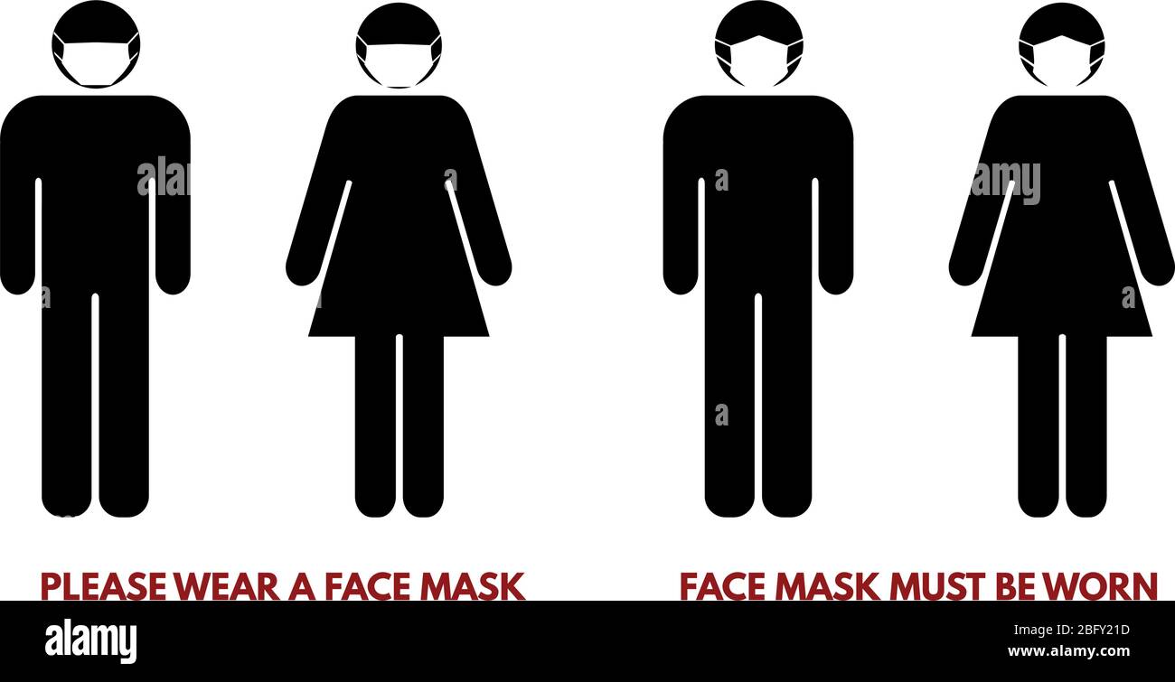 Please wear face nose mouth mask sign. Man and woman silhouette with ...