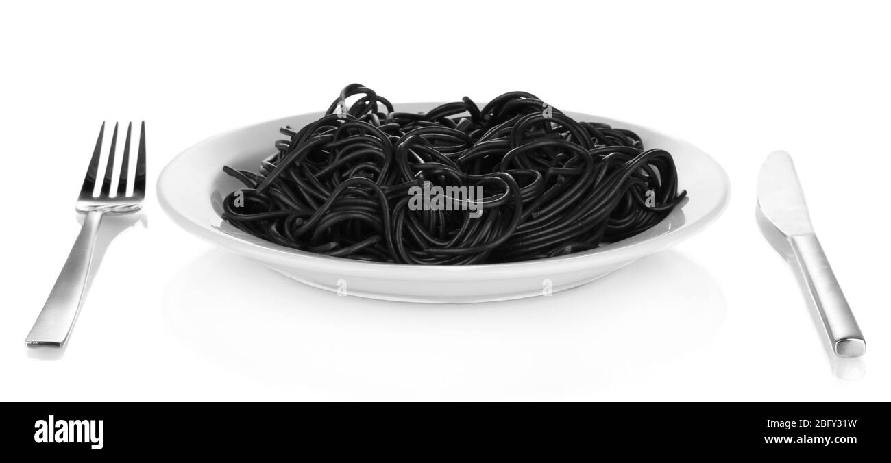 Black spaghetti isolated on white Stock Photo - Alamy