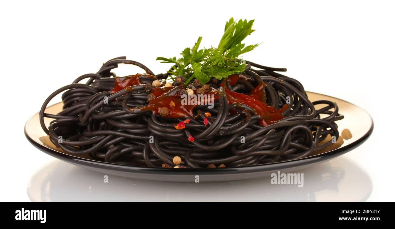 Black spaghetti isolated on white Stock Photo - Alamy