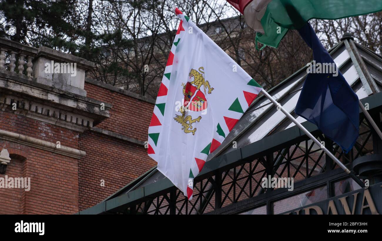 The coat of arms and flag of the city of budapest Stock Photo - Alamy