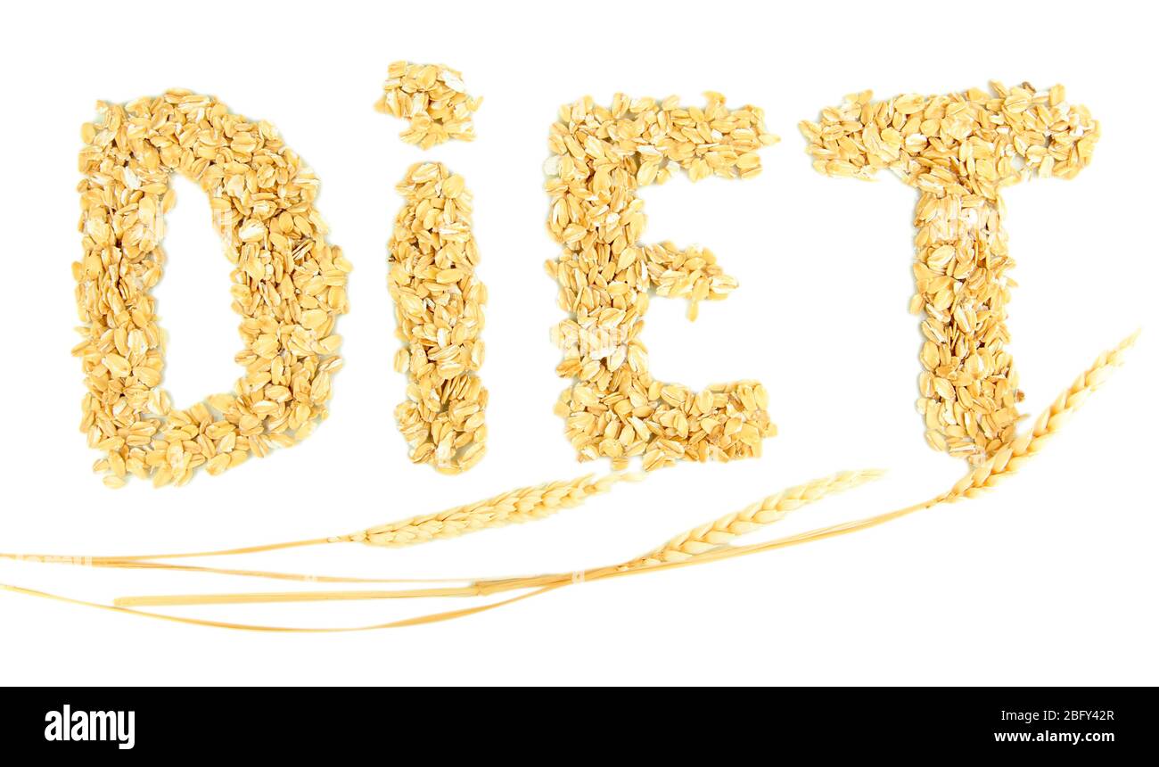 the word "diet" made from oat flakes with ears isolated on white Stock ...