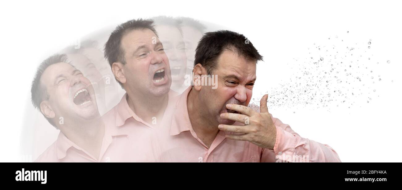 A man is coughs to his hand, isolated on a white background. A sick ...