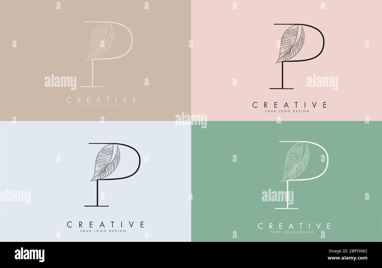 Outline Letter P Logo icon with Wired Leaf Concept Design on colorful ...