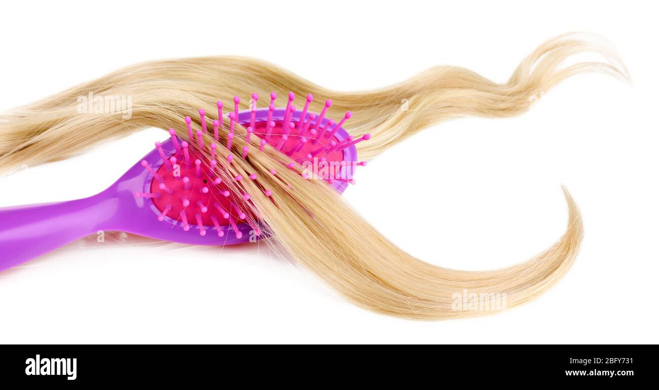 Blond curls brushing comb isolated on white Stock Photo - Alamy