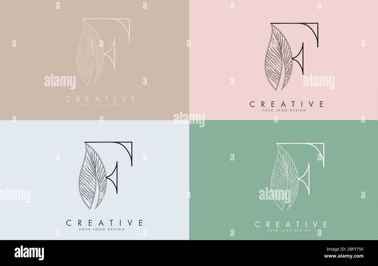 Outline Letter F Logo icon with Wired Leaf Concept Design on colorful ...