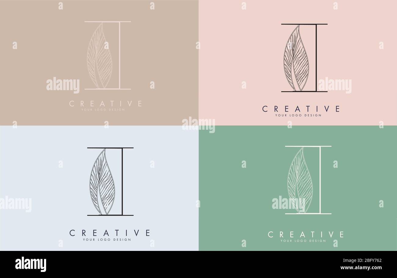 Outline Letter I Logo icon with Wired Leaf Concept Design on colorful ...
