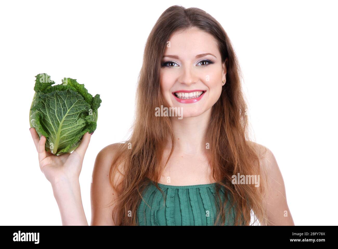 Beautiful woman with cabbage isolated on white Stock Photo - Alamy