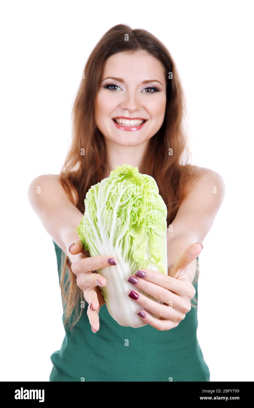 Beautiful woman with cabbage isolated on white Stock Photo - Alamy