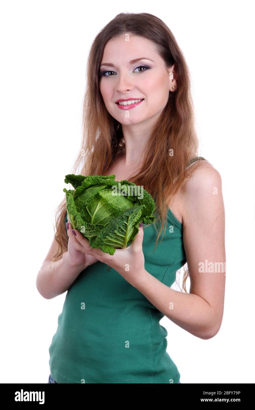 Beautiful woman with cabbage isolated on white Stock Photo - Alamy