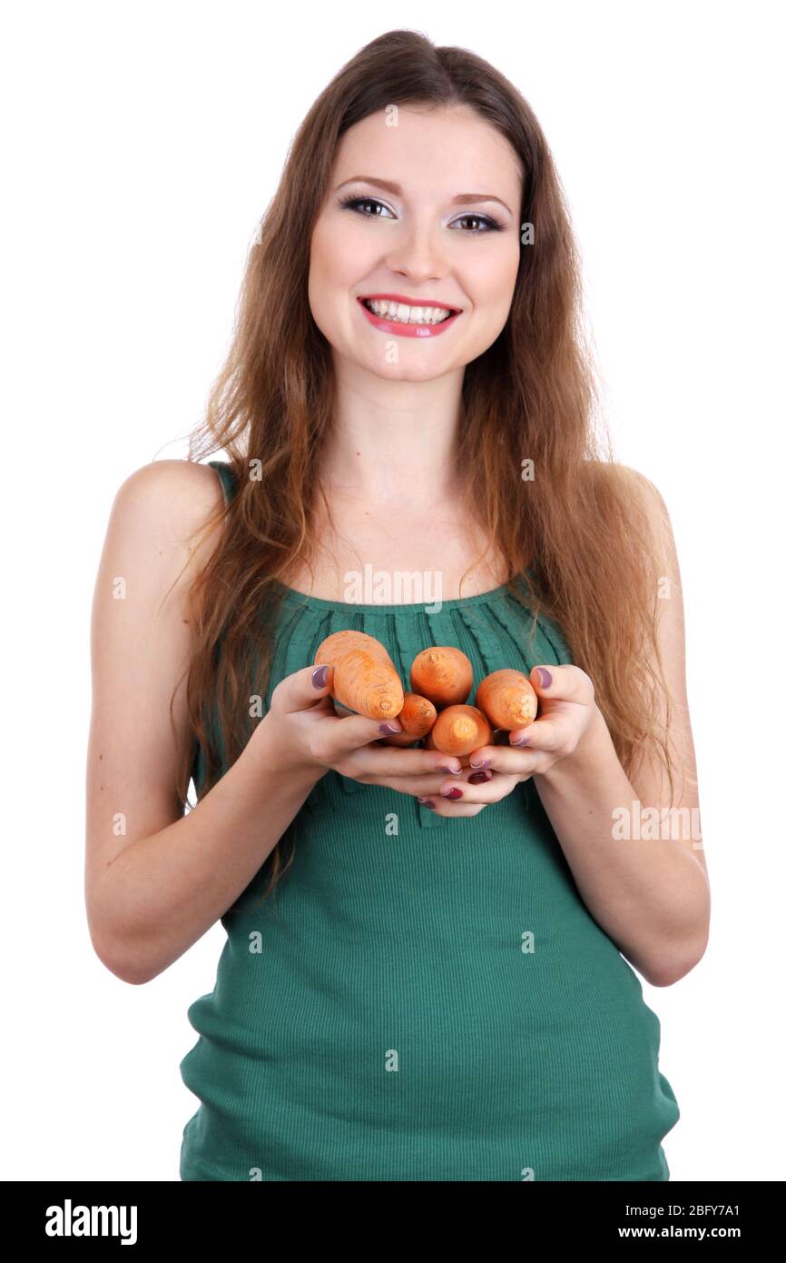 Beautiful woman with carrot isolated on white Stock Photo - Alamy