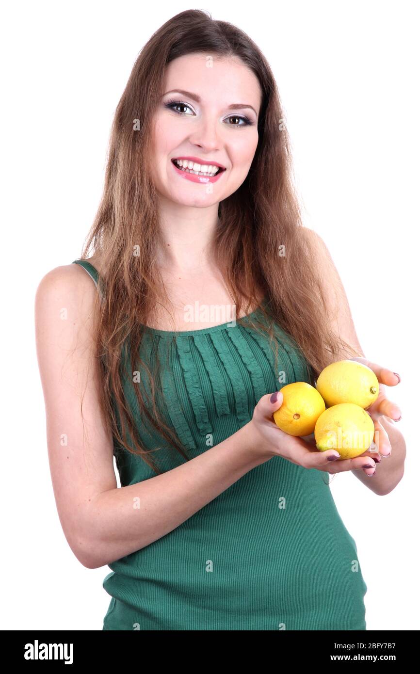 Beautiful woman with lemon isolated on white Stock Photo - Alamy