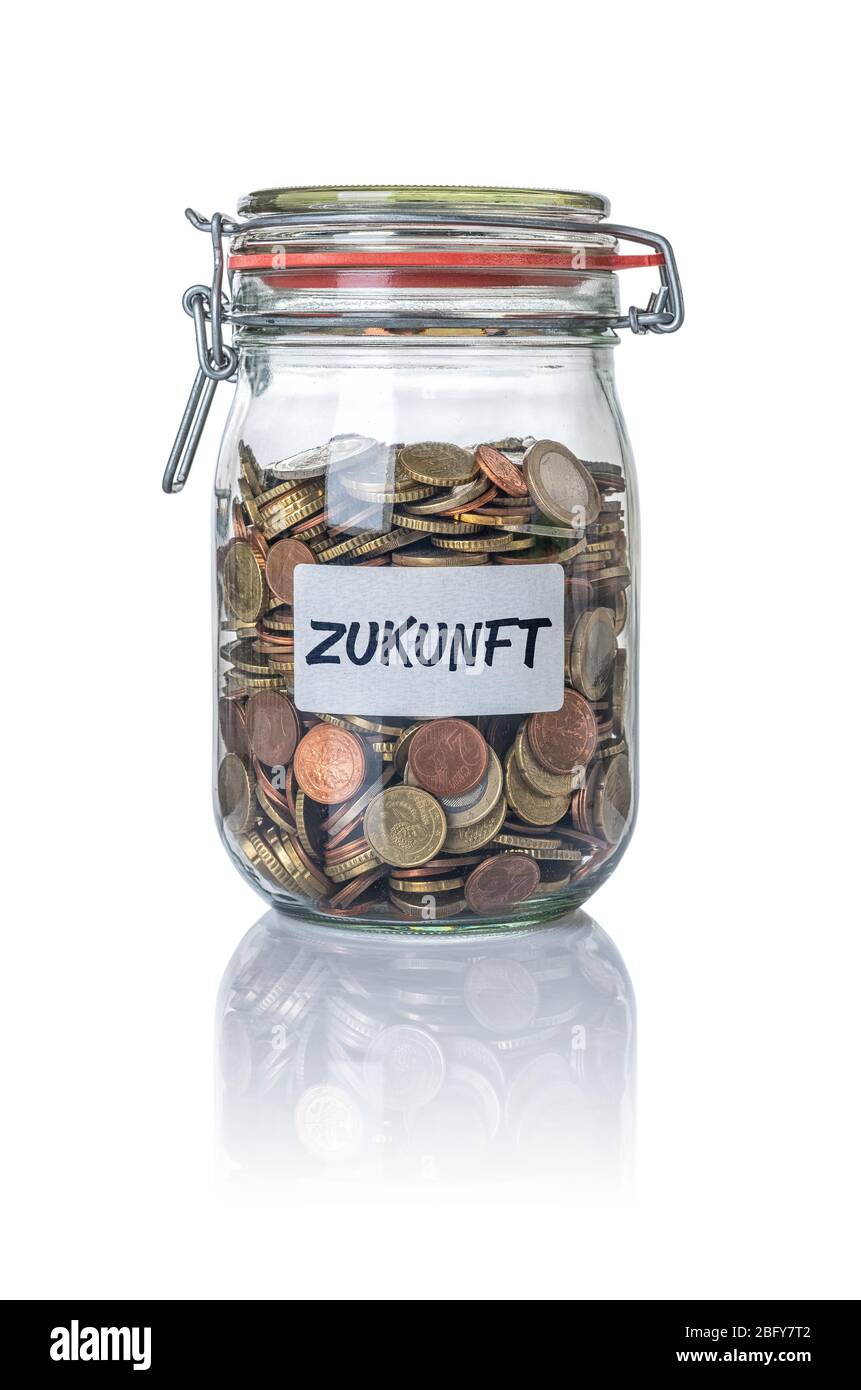 Isolated jar filled with coins labeled Future - Zukunft German Stock ...